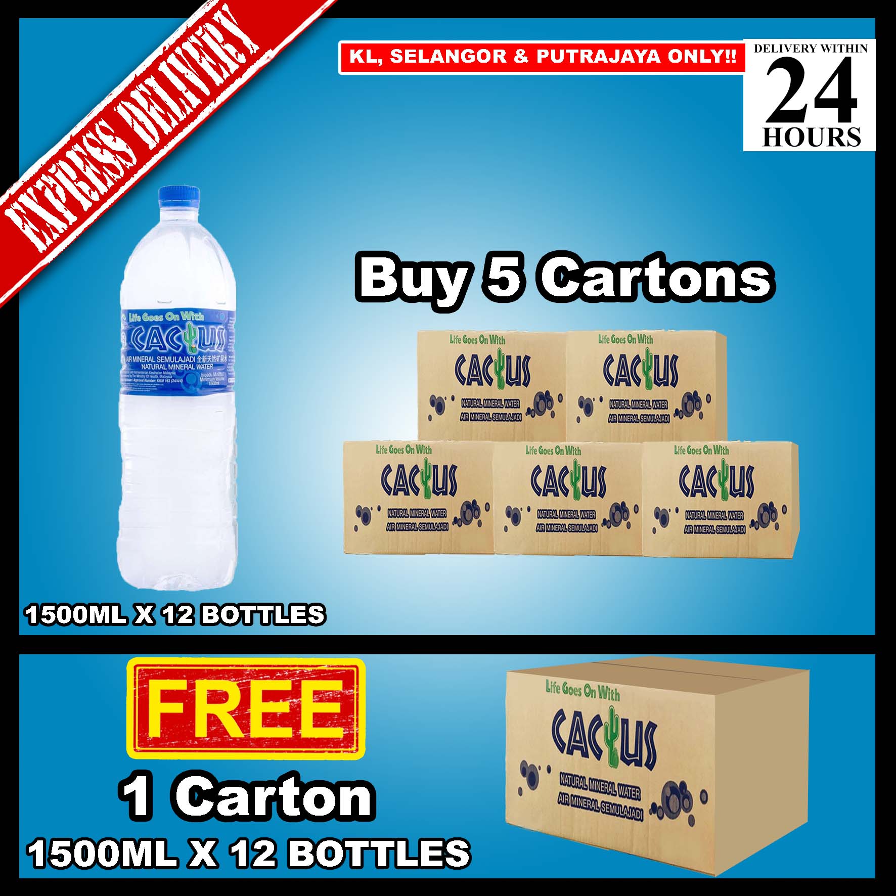 BUNDLE OF 5 CARTONS : CACTUS MINERAL WATER 1500ML x 12 BOTTLES | Lazada