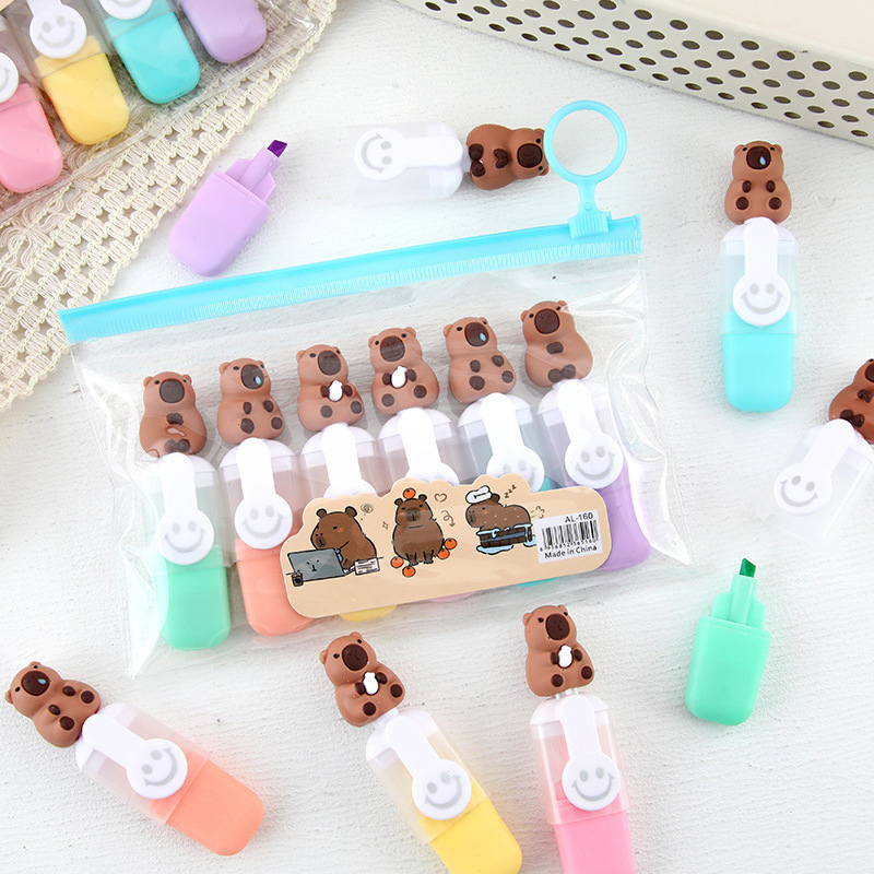 6Pcs/Set Cute Capybara Highlighter Pen Set Cartoon Markers Stationery ...