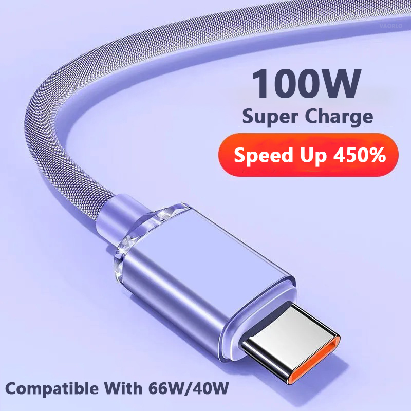 VAORLO สายชาร์จสำหรับโทรศัพท์,สายชาร์จ USB Type C 100W สำหรับ Samsung Xiaomi Supercharge 5A 100W ...