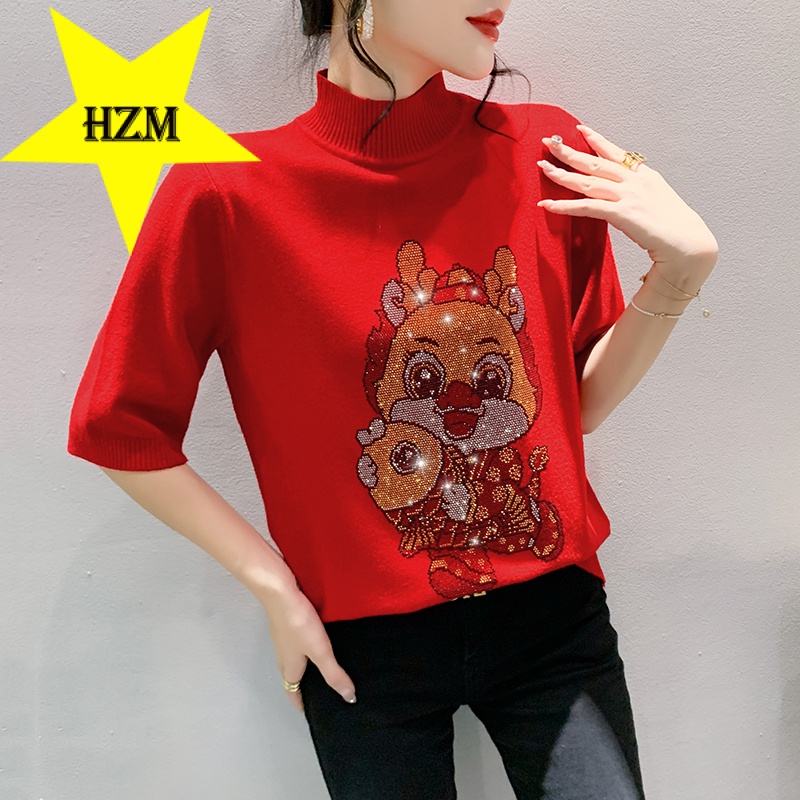 HZM 2024เสื้อสเวตเตอร์แบบสวมหัวสีแดงปีเกิดถักด้วยพลอยเทียมคอเต่าครึ่งฤดูใบไม้ร่วงและฤดูหนาวของ ...