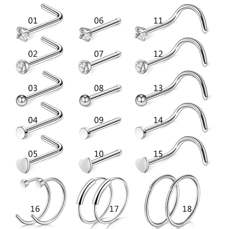 20G Stainless Steel Straight L Bend Twist Nose Ring Set Body Piercing ...