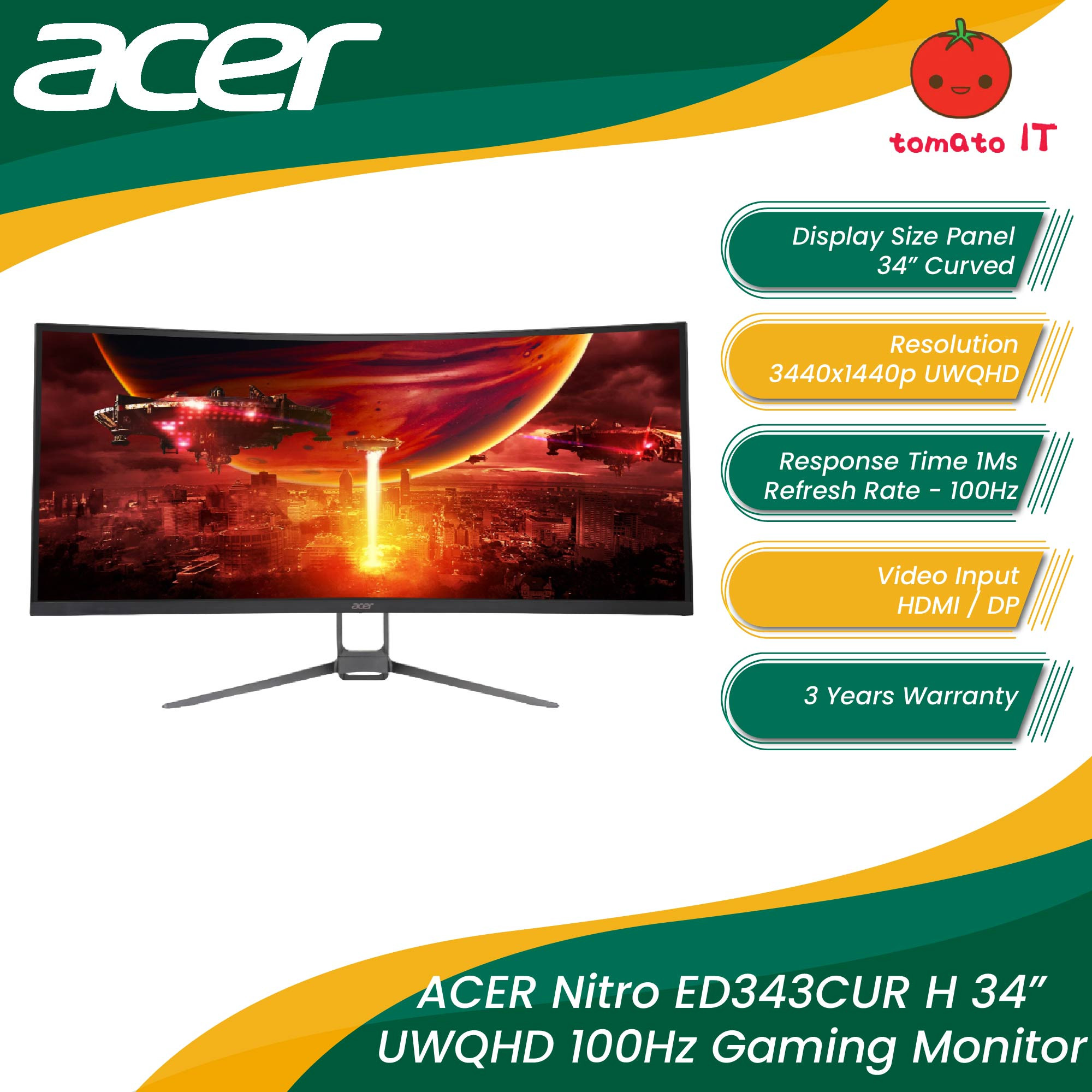 ACER Nitro ED343CUR H 34” UWQHD 100Hz Gaming Monitor | Lazada