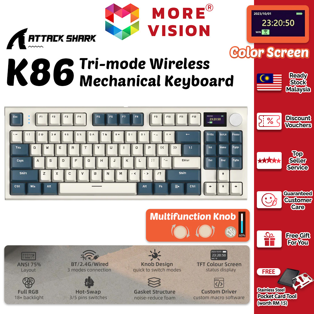 Attack Shark K86 Wireless Mechanical Keyboard Bluetooth Gaming RGB LED TFT Screen Display Knob ...