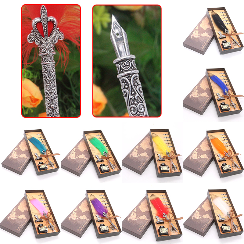Retro Vintage Calligraphy Feather Dip Pen Writing Ink Set Quill ...