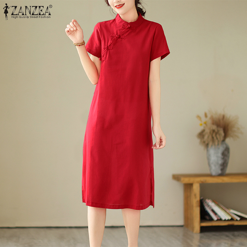 Celmia ZANZEA Womens Cheongsam Dress Elegant Loose Plain Midi Dresses ...