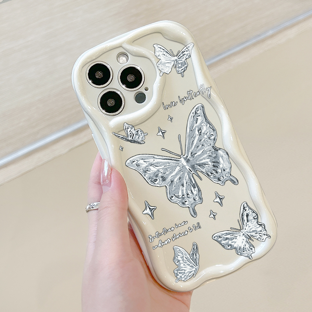 ZeroQiQi for Samsung A10 Back Cover Silver Butterfly Cream Texture Wavy ...