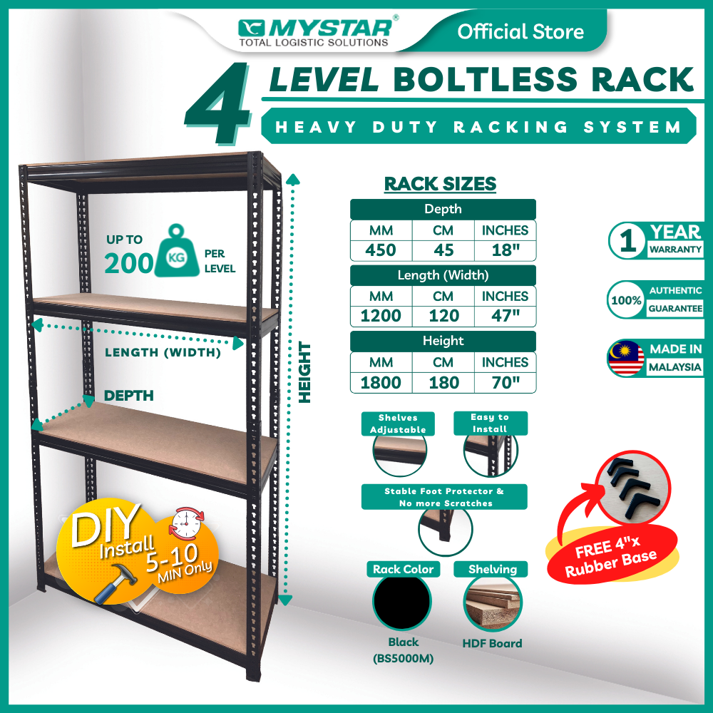 MYSTAR Boltless Rack 45 x 120 x 180 cm 4 Tier Rack Shelf Storage ...