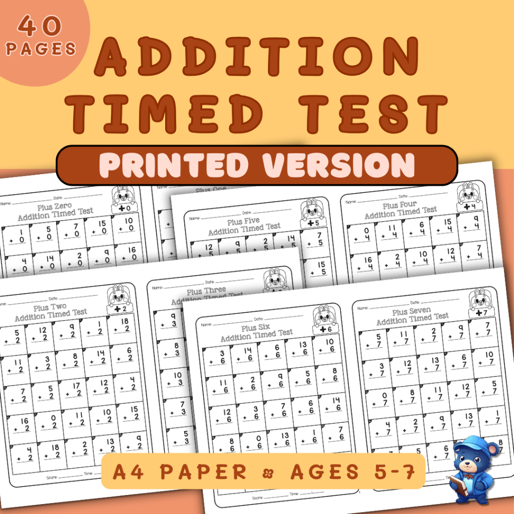 Addition Timed Test for Kids Aged 5 to 7 | Printed Mathematics ...