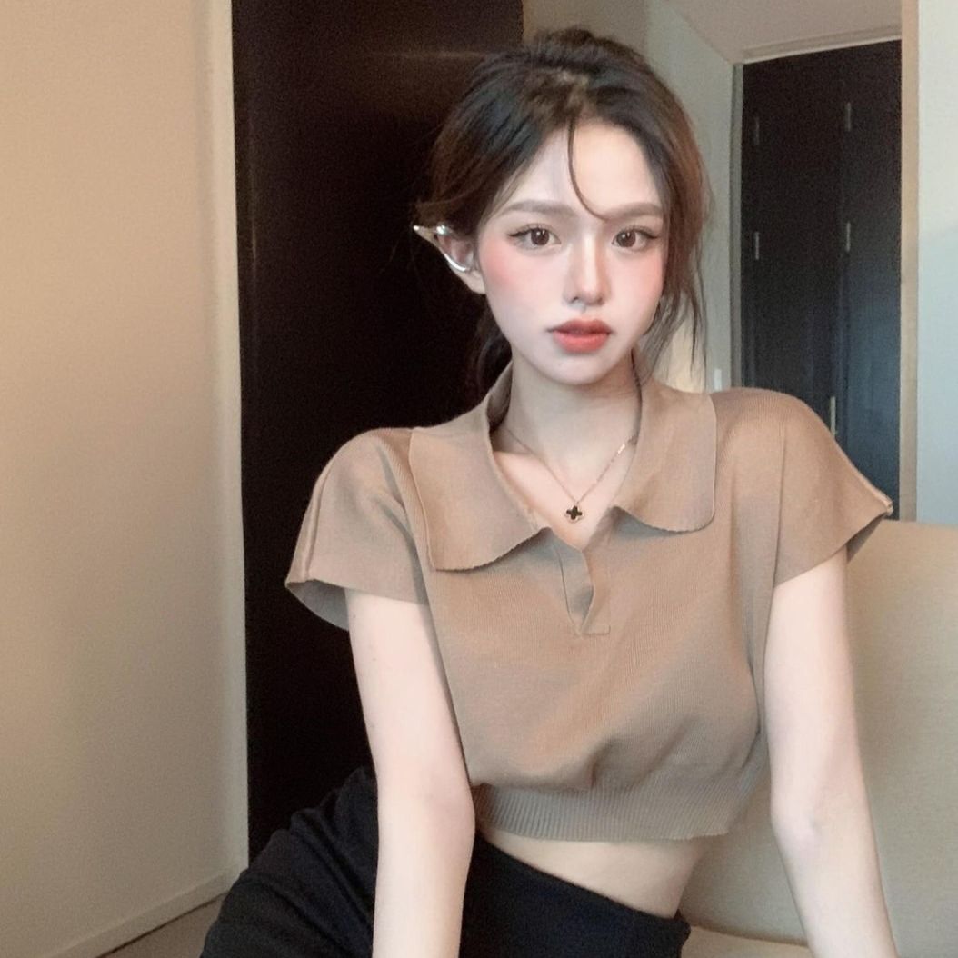 [ส่งเร็วพิเศษ!] BBboyy CFM🪅เสื้อครอป ไหมพรม สีพื้น ครอปคอปกน่ารัก ครอปแขนสั้นจั้มเอว สไตล์เกาหลี ...