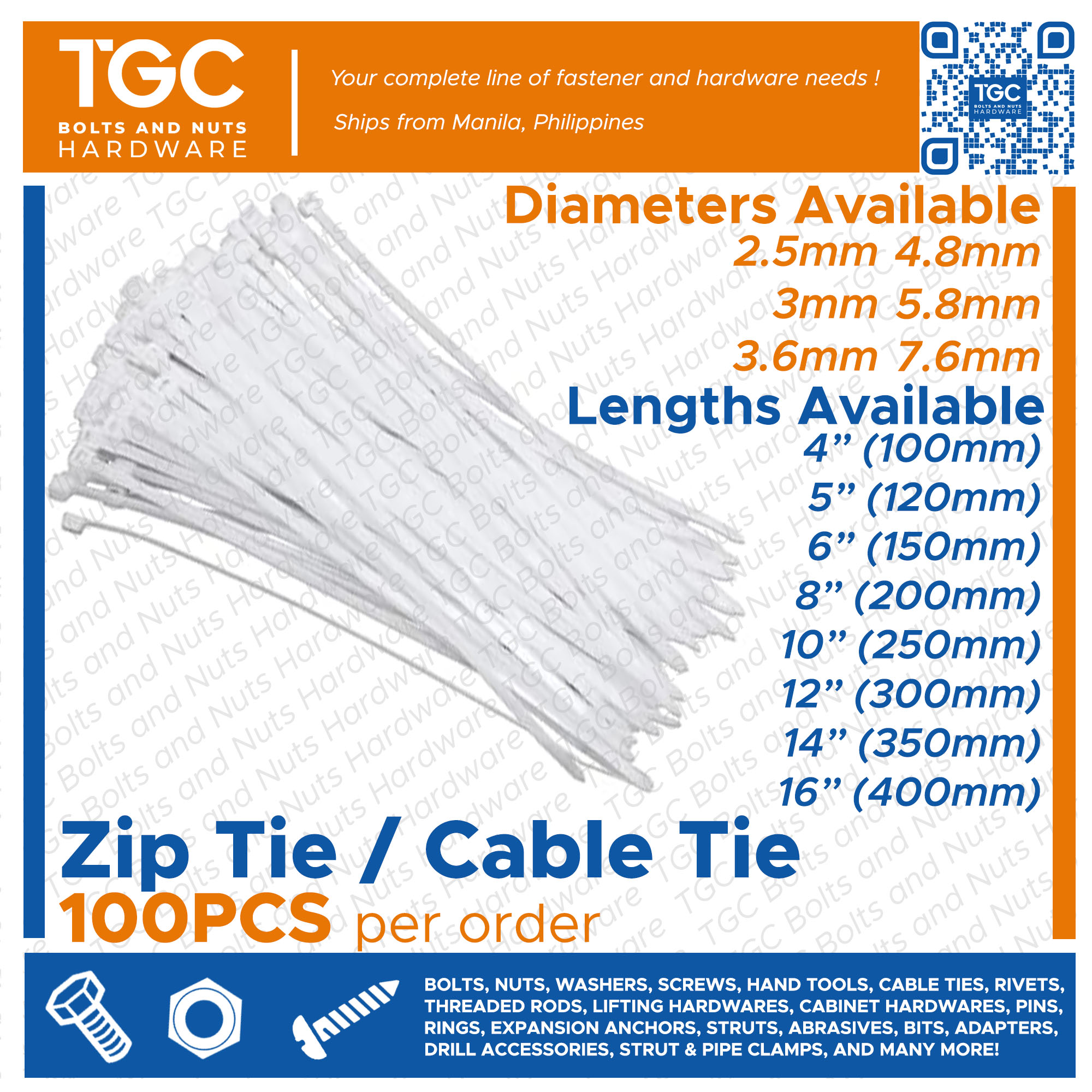 100PCS Nylon Cable Tie M2.5 X 4/5/6/8/10/12 inches White Nylon Cable ...