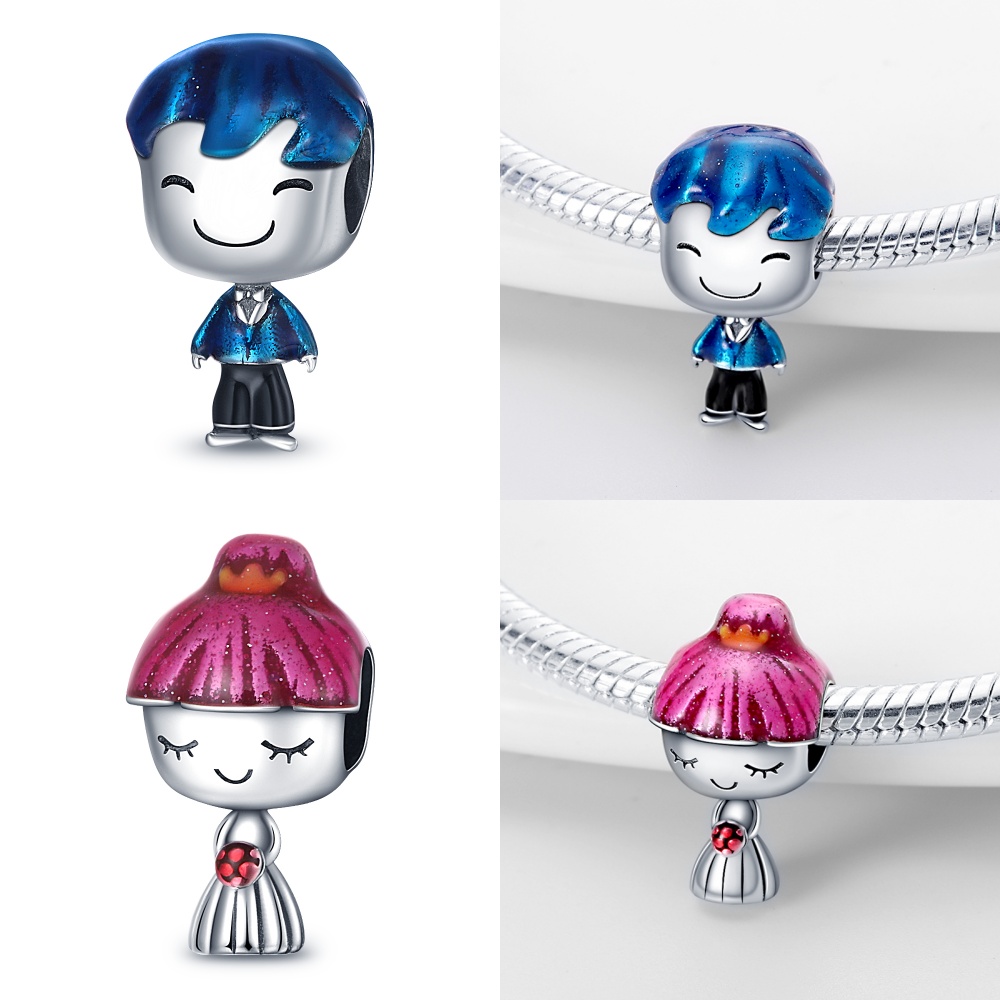 S925 Sterling Sliver Charms Cartoon Boys Girls Couple Beads Fit Pandora ...