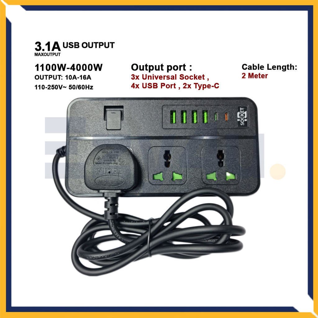 Universal 3 Power Socket Extension With USB Ports Power Strip Surge ...