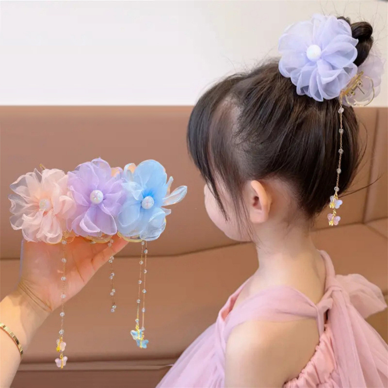 Sweet Simple Flower Tassel Grasping Clip Summer Kids Girls Ponytail ...