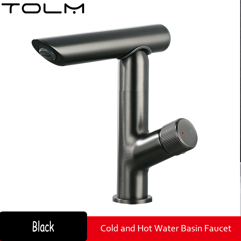 TOLM 360องศาสีดำห้องน้ำลุ่มน้ำก๊อกน้ำผสมน้ำแตะห้องน้ำร้อนและเย็นหลุมเดียวเดียว HandleVanity น้ำ ...