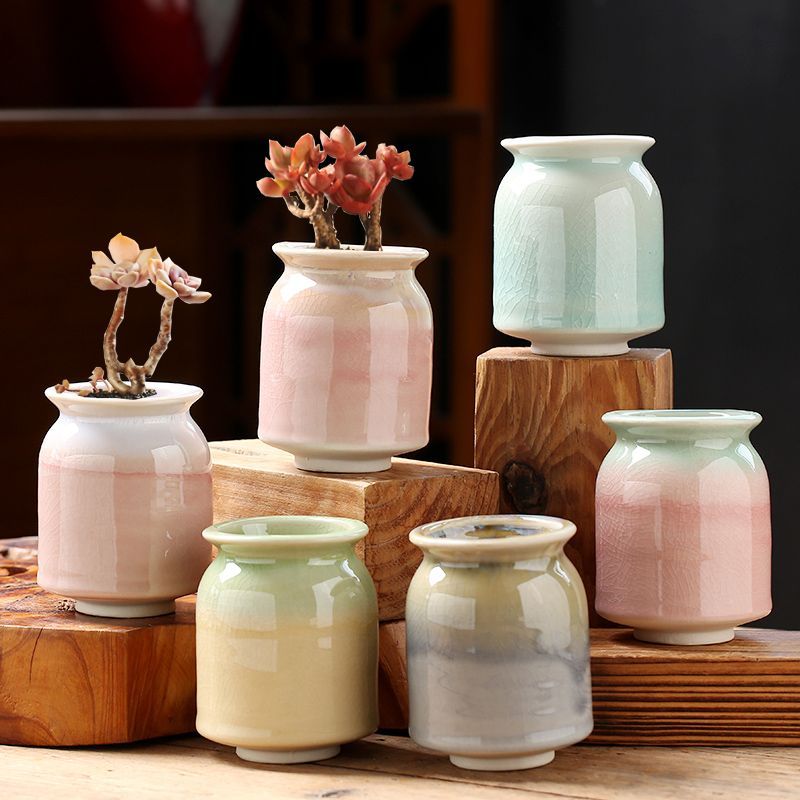 Succulent Ceramic Flowerpot Desktop Decoration Flow Glazed Milk Jar Ice ...