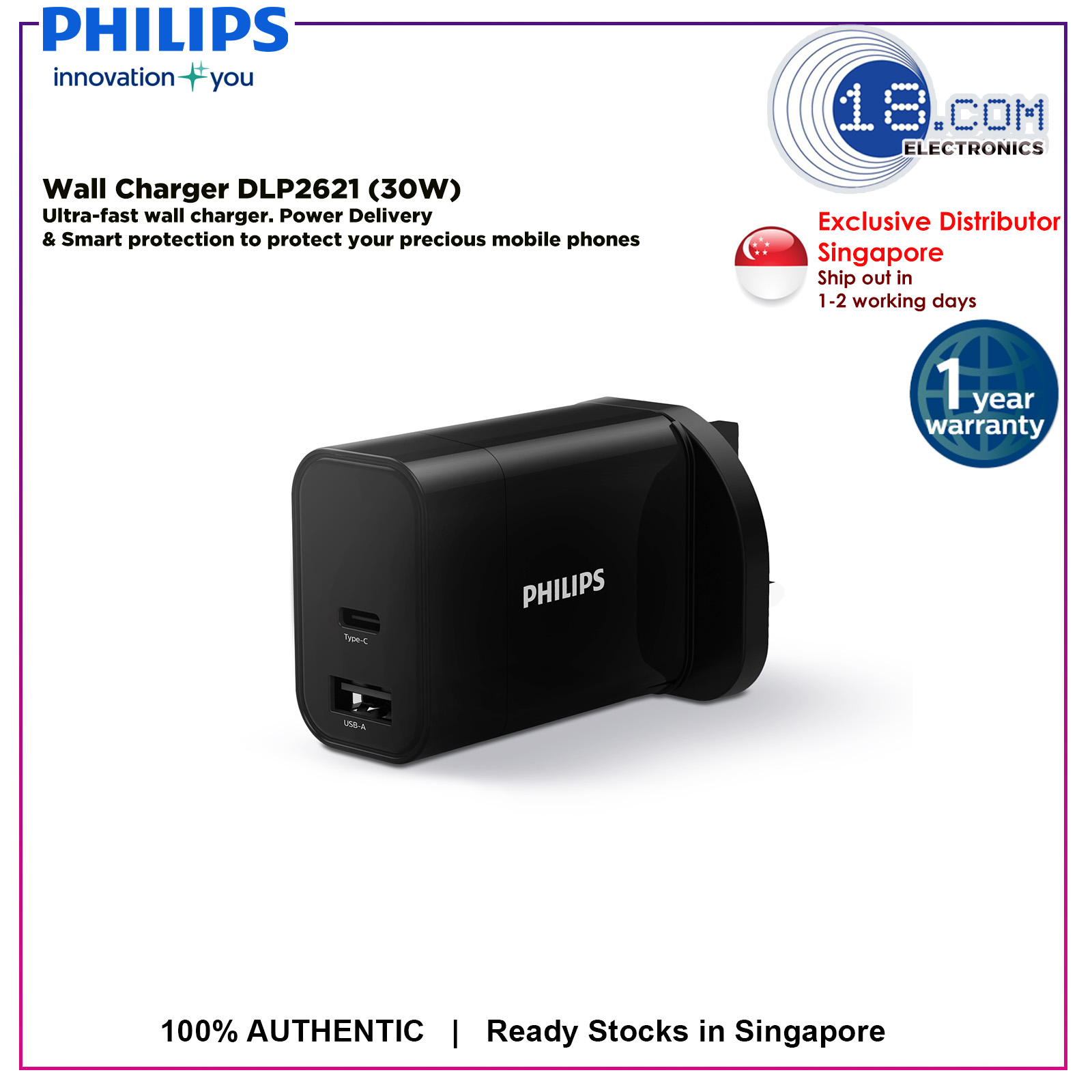 Philips DLP2621 Wall Charger 30W output | Power Delivery | Type C | USB ...