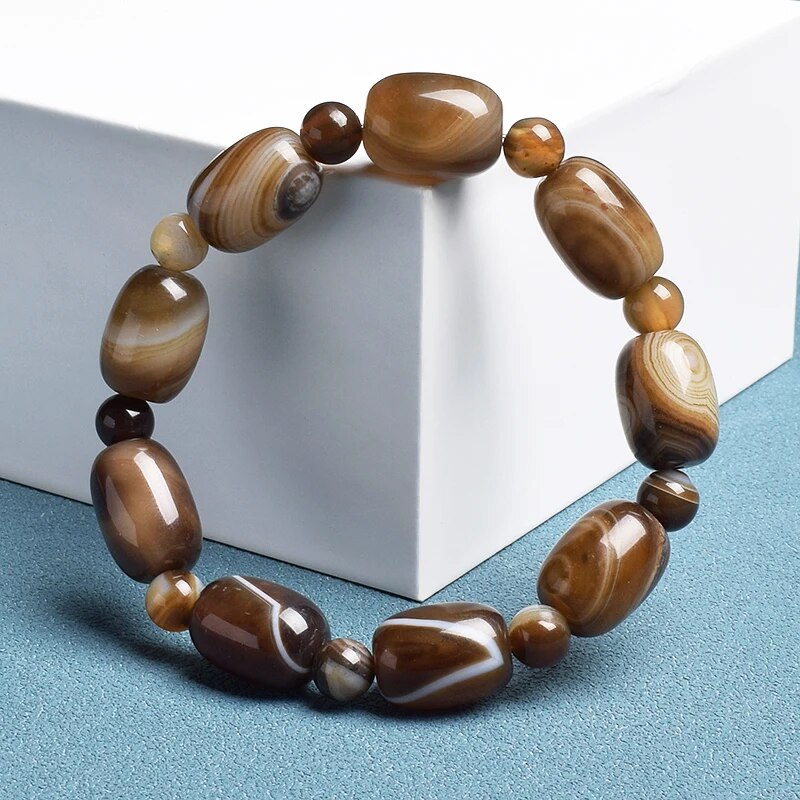Natural Stone Coffee Lace Agates Bracelet Cylinder Drum Barrel Shape ...
