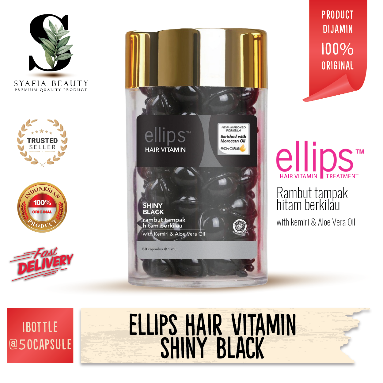 Ellips Hair Vitamin (dengan Moroccan Oil) Kemasan Botol Jar 50 kapsul 1 ...