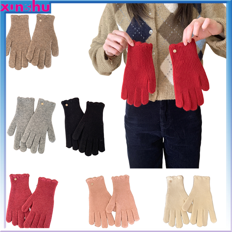 Winter Soft And Waxy Solid Color Lace Wool Gloves For Women Warm ...