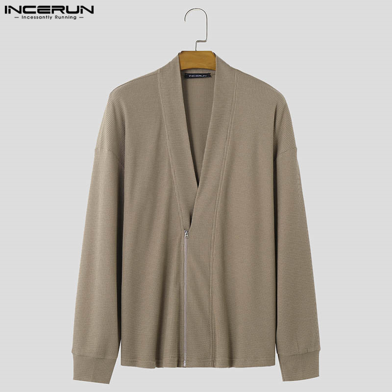 INCERUN Men's Stylish Deep V Texture Pullover Long Sleeve Button Autumn ...