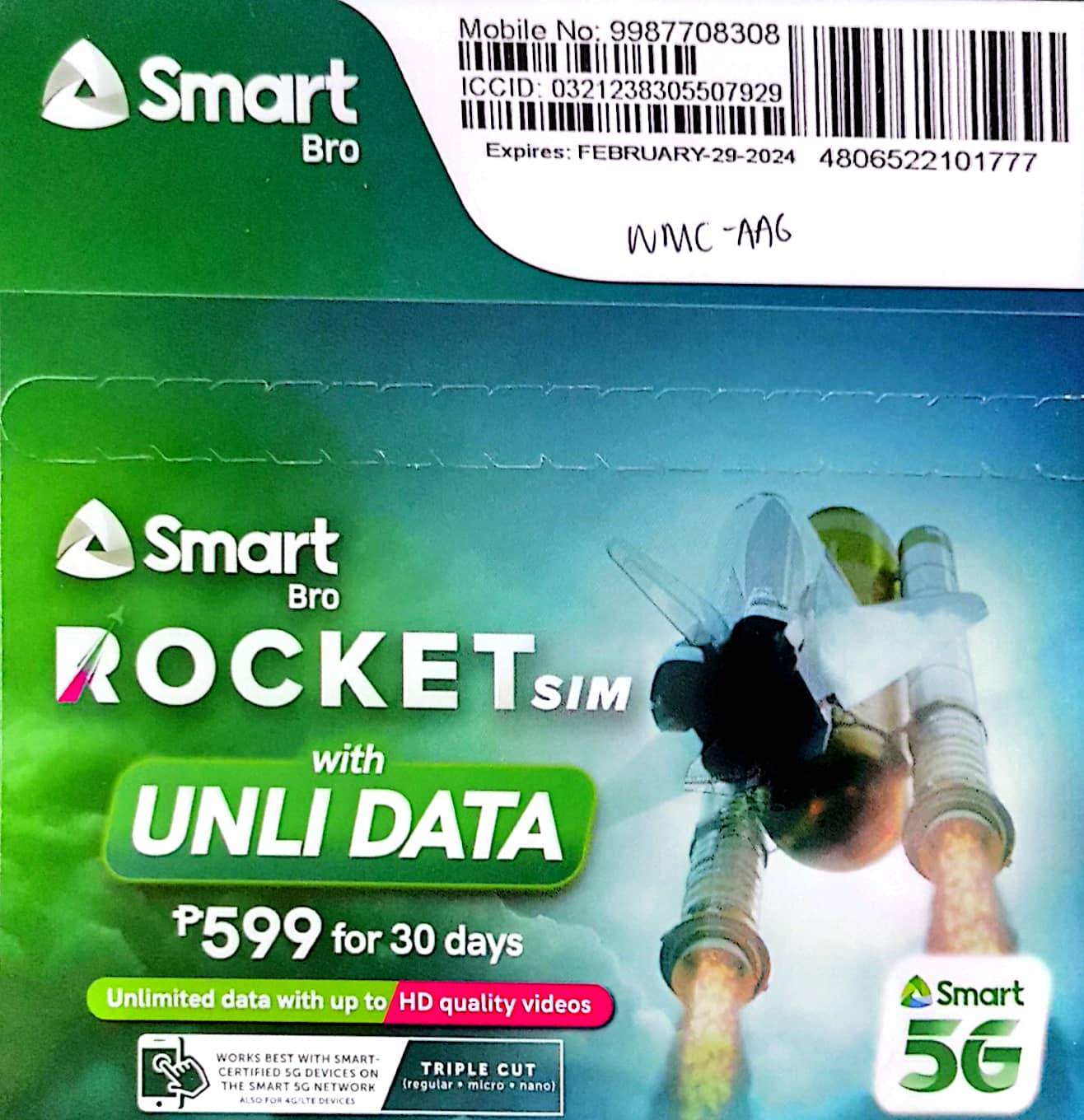 Smart Bro Rocket SIM card P699 with 30Day Unlidata 30 Day Unli Data 4G/5G No Speed Limit No Data ...