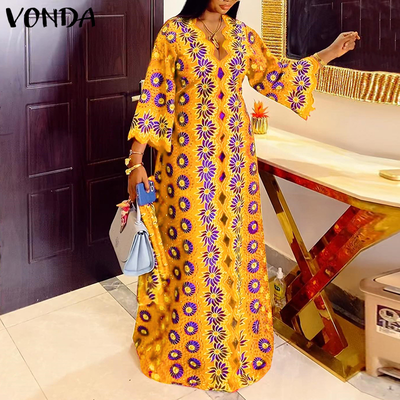 VONDA Women Elegant V Neck Bell Sleeves Printed Party 43 Sleeves Maxi ...