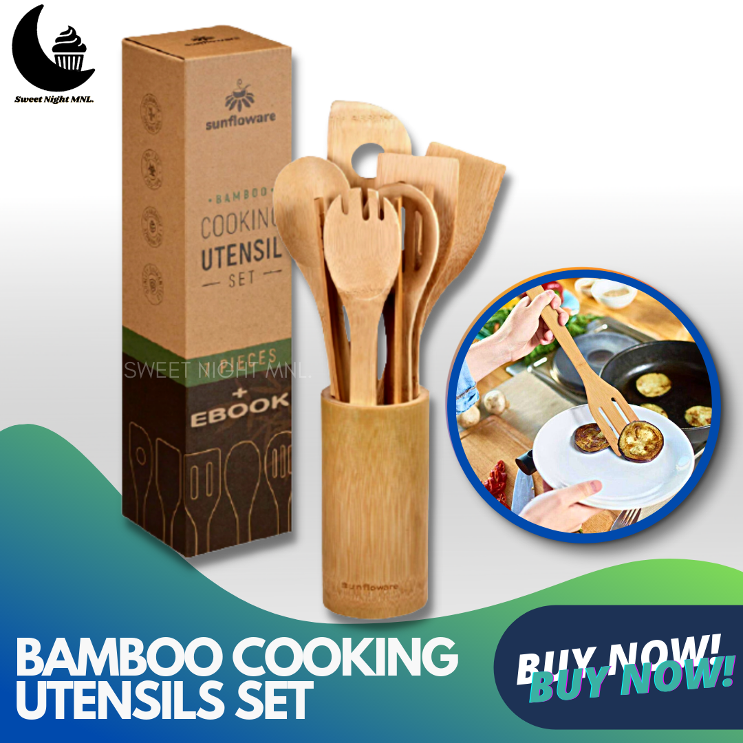 Bamboo Kitchen Utensils Set With Holder, Non Stick Tongs, Spatula ...