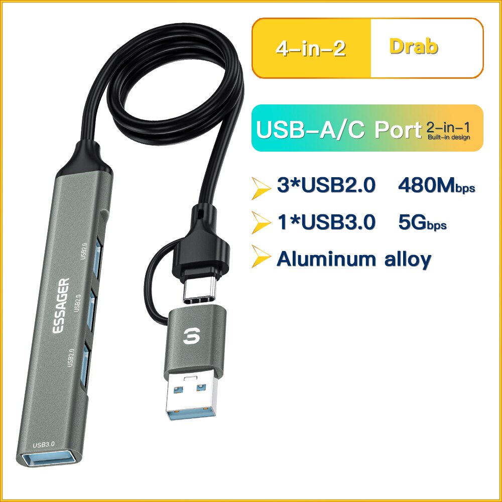 Essager kabel USB C 4 in 1, USB Hub 2.0 Splitter kecepatan tinggi Tipe ...