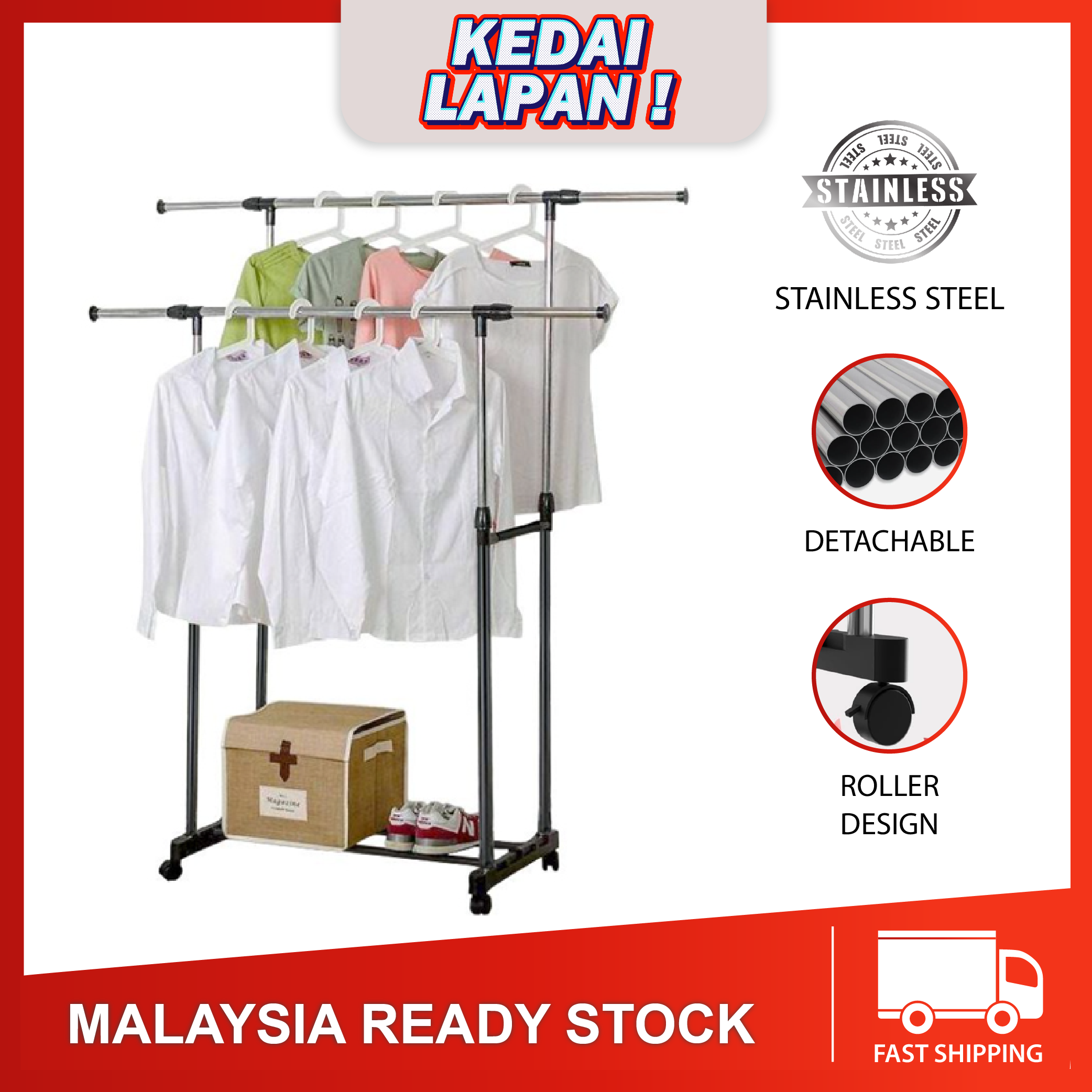 Double Rod Adjustable Drying Rack Gantungan Baju 双杠可伸缩性晾衣架 | Lazada