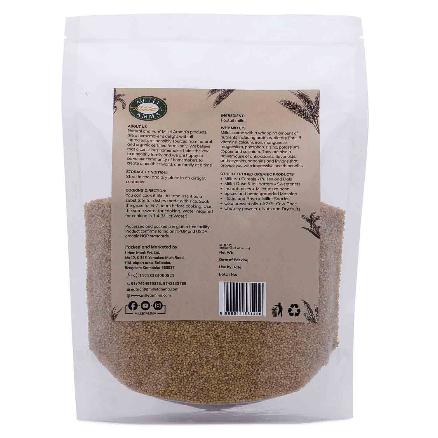 Millet Amma Unpolished CERTIFIED ORGANIC Foxtail Millet Grains | 1 Kg ...