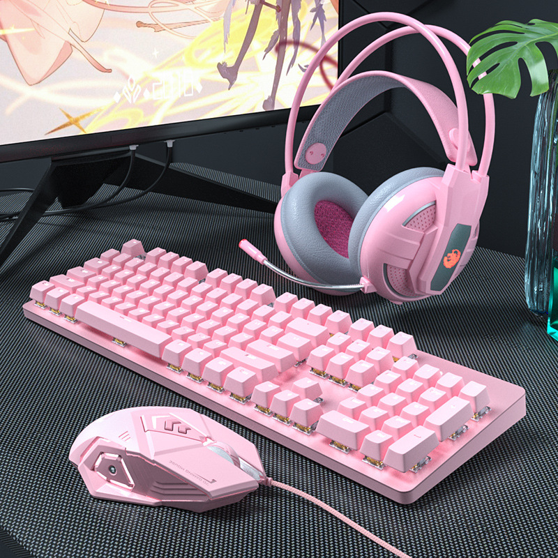 【Popular Categories】2400DPI pink real mechanical keyboard and mouse set ...