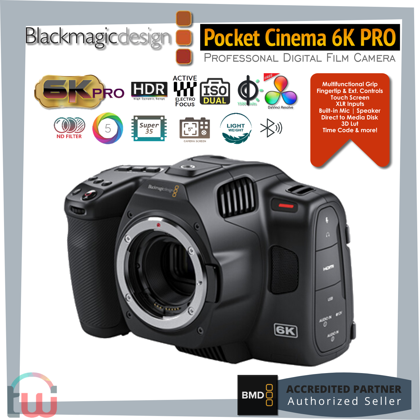 BLACKMAGIC DESIGN Pocket Cinema Camera 6K PRO HDR Dual ISO Active EF ND Filter Large LCD Touch ...