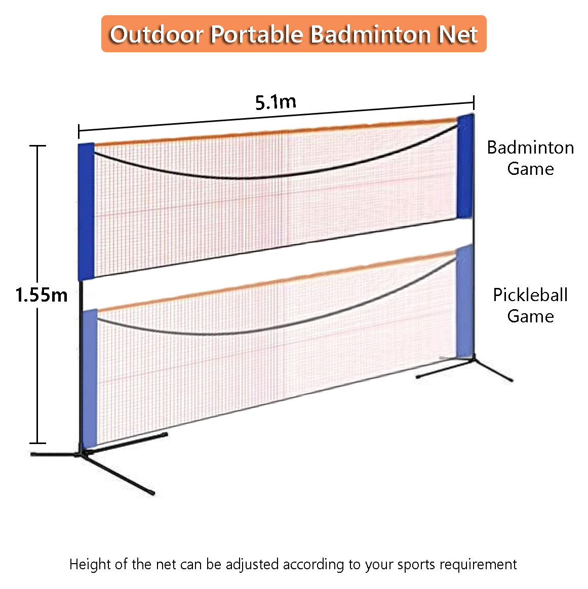 iDS Portable Badminton Stands with 5.1m Nets, Height & Width Adjustable ...