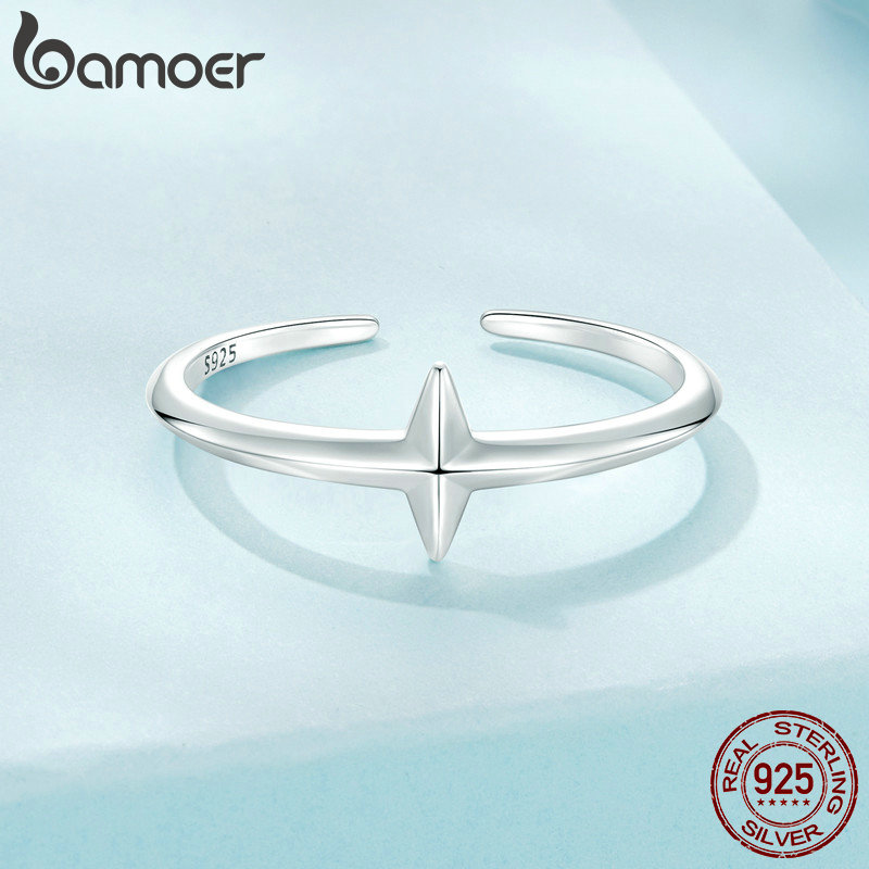 BAMOER Sterling Silver 925 Simple Cross Open Rings Minimalist Adjustable Ring for Women ...