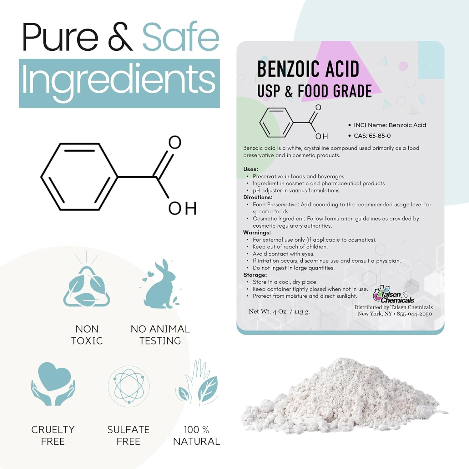 Benzoic Acid Powder USP Grade 16 oz / 453 g - 99% Pure for Preservative ...