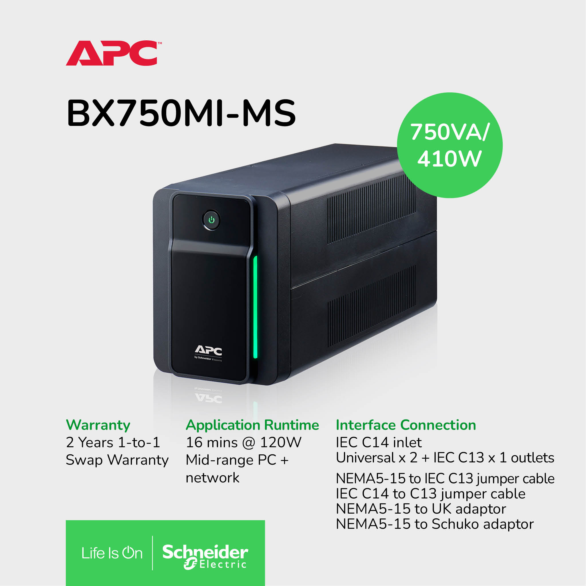 APC Back-UPS 750VA, 230V, AVR, 2 universal & 1 IEC outlets, BX750MI-MS ...