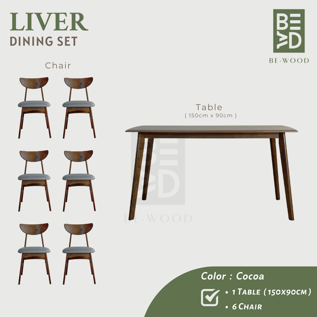 LIVER Dining Table Set 150x90cm Fully Solid Wood Meja Makan Murah White ...