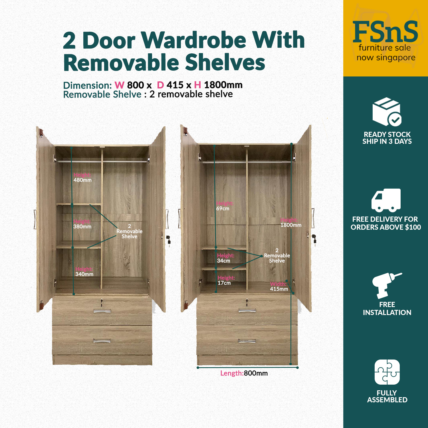 SG Ready Stock New Wardrobe with Removable Shelves (2 Door) KM8008H ...