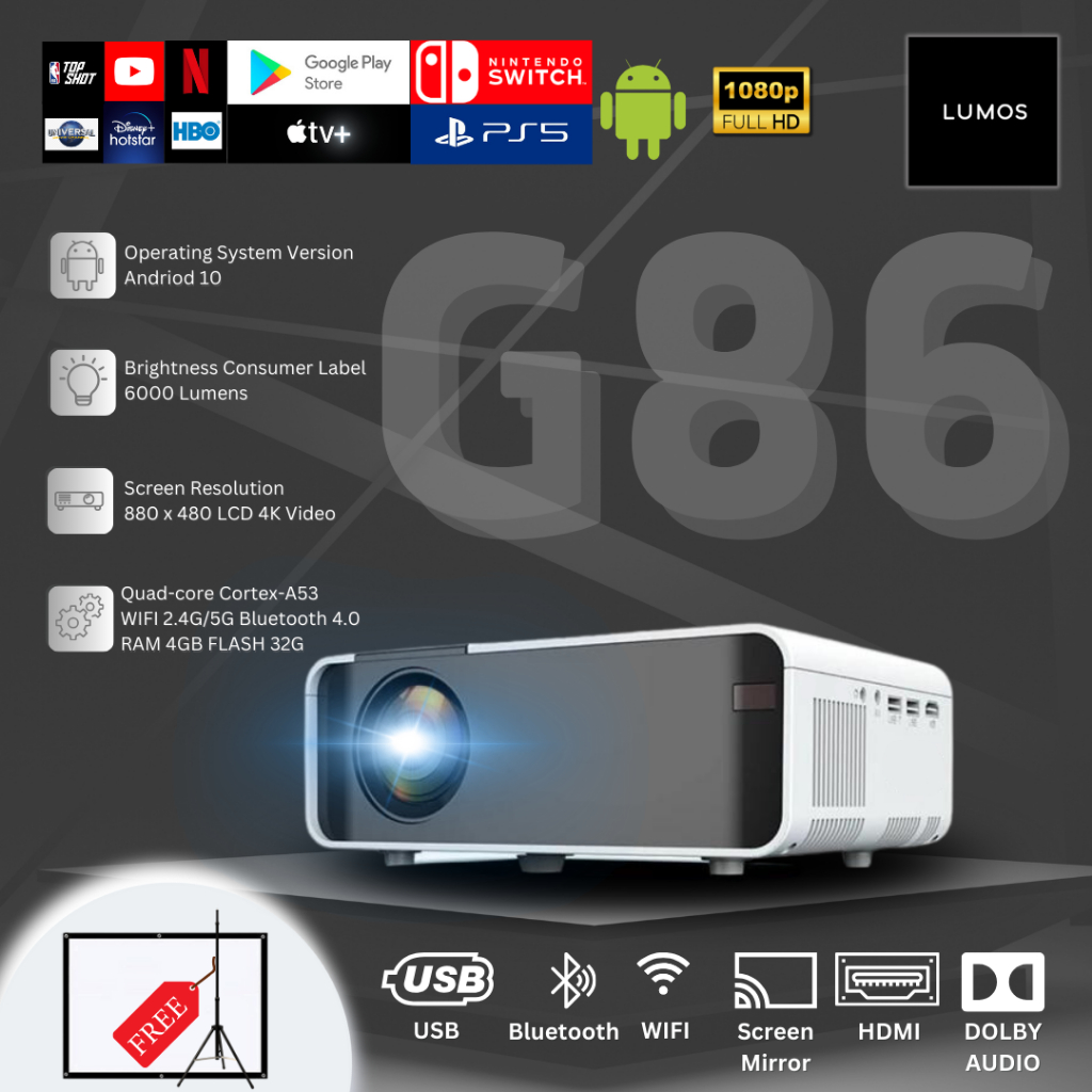 FREE tripod+screen FULL HD 1080P Android Mini G86 Projector WIFI LCD ...
