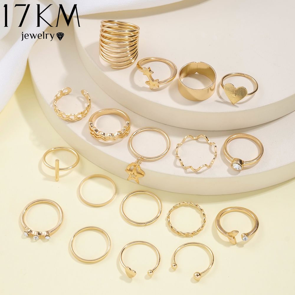 17 KM 18pcsset Star Heart Gold Ring Set Elegant Crystal Wave Open Rings ...