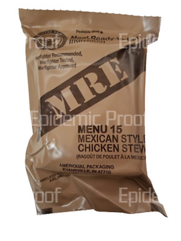MRE ของกองทัพสหรัฐฯ ของแท้ - เมนู 2022 15 - สตูว์ไก่เม็กซิกันพร้อมทาน ...