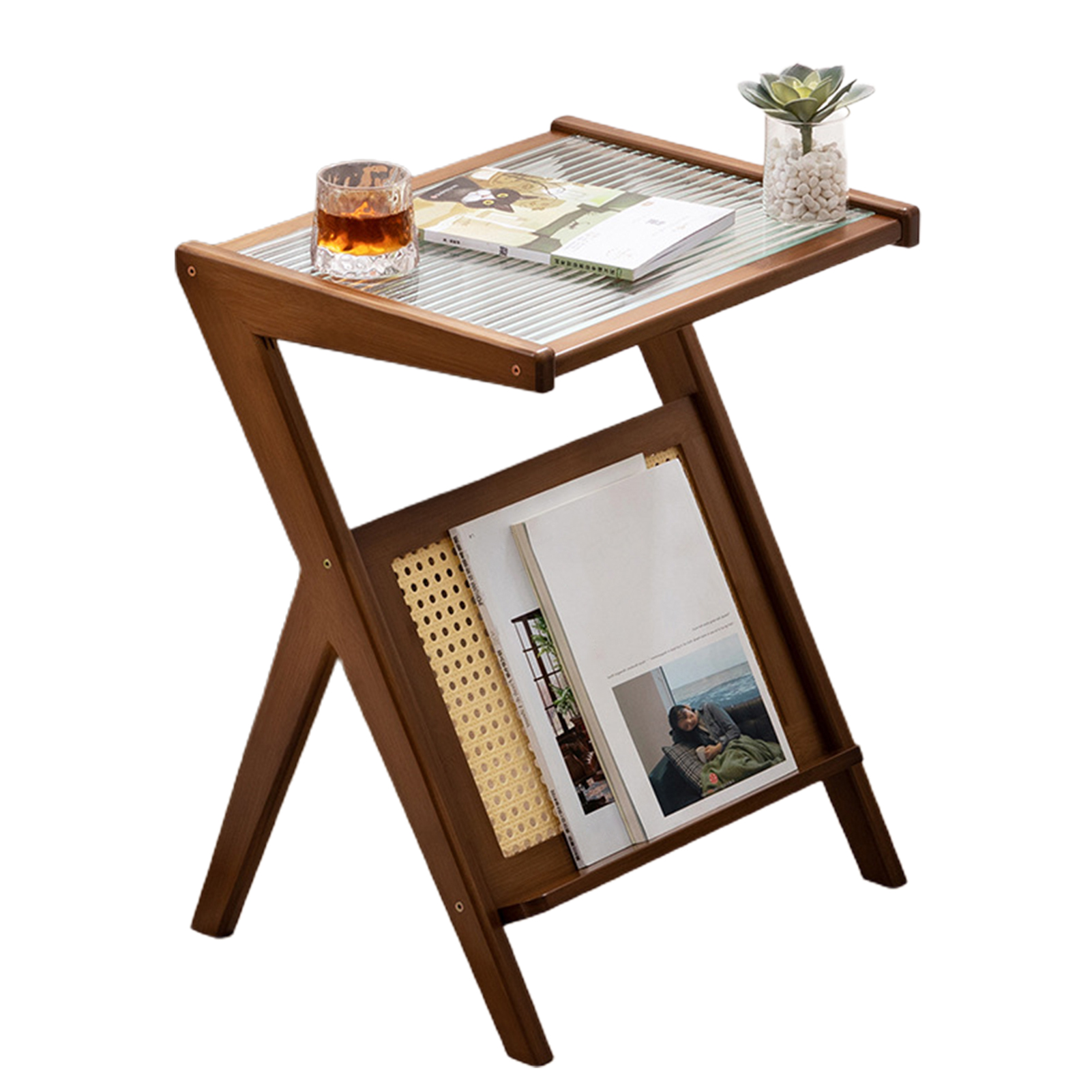 Cerdars Bedside Table with Rattan Shelf L-shaped Bedside Table Bamboo ...