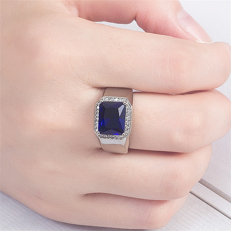 【I was hyped up】Blue corundum sapphire open men's ring silver plated ...