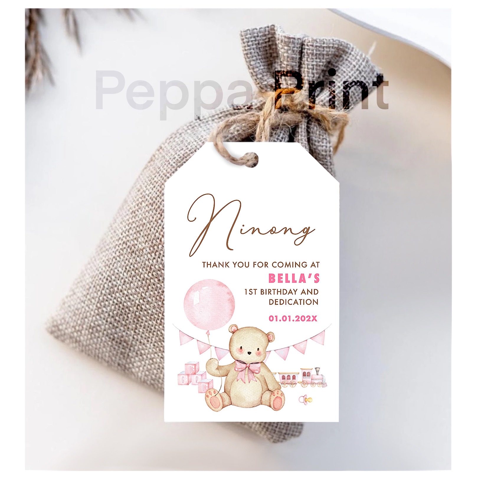Souvenir tag | Pink bear design | Baptism Birthday Dedication ...