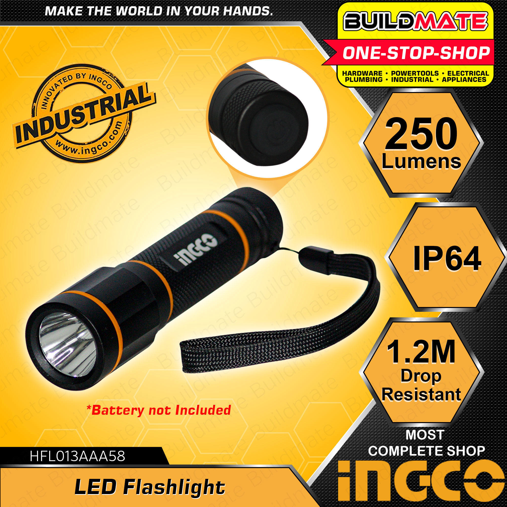 INGCO Industrial LED Flashlight 200-250 Lumens IP64 160M 3AAA Alkaline ...