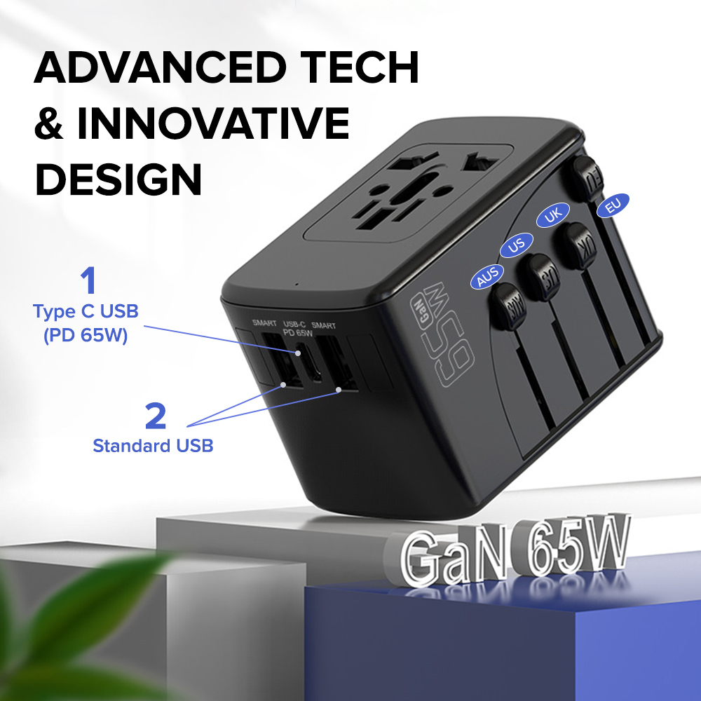GaN 65W Universal 2USB + 1C Travel Adapter Plug Travelling Essentials ...