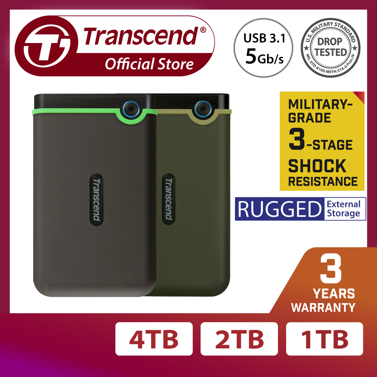 Transcend 25M3S Slim Shockproof Portable Hard Drive | 1TB, 2TB, 4TB ...