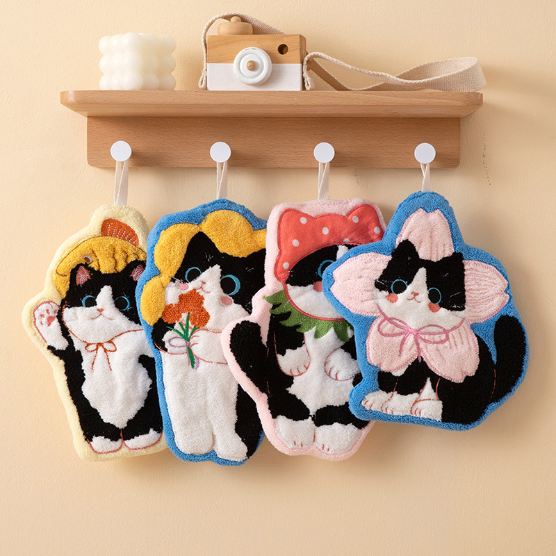 Cartoon Coral Velvet Hand Towel For Kitchen Kawaii Cat Hand Wipe ...