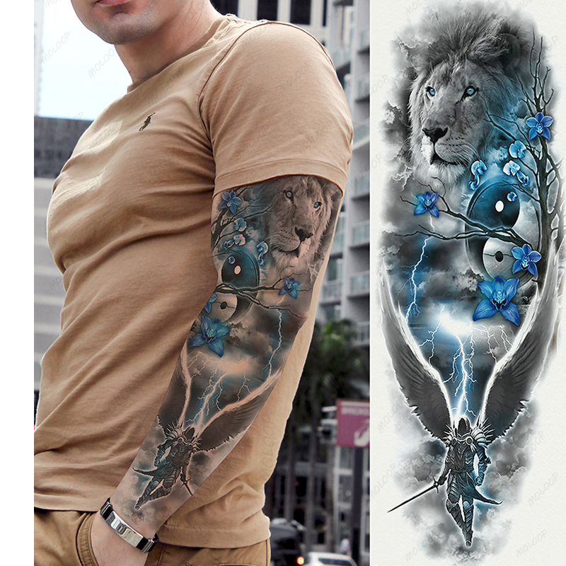 waterproof temporary tattoo full arm lion king warrior tree flower fake ...