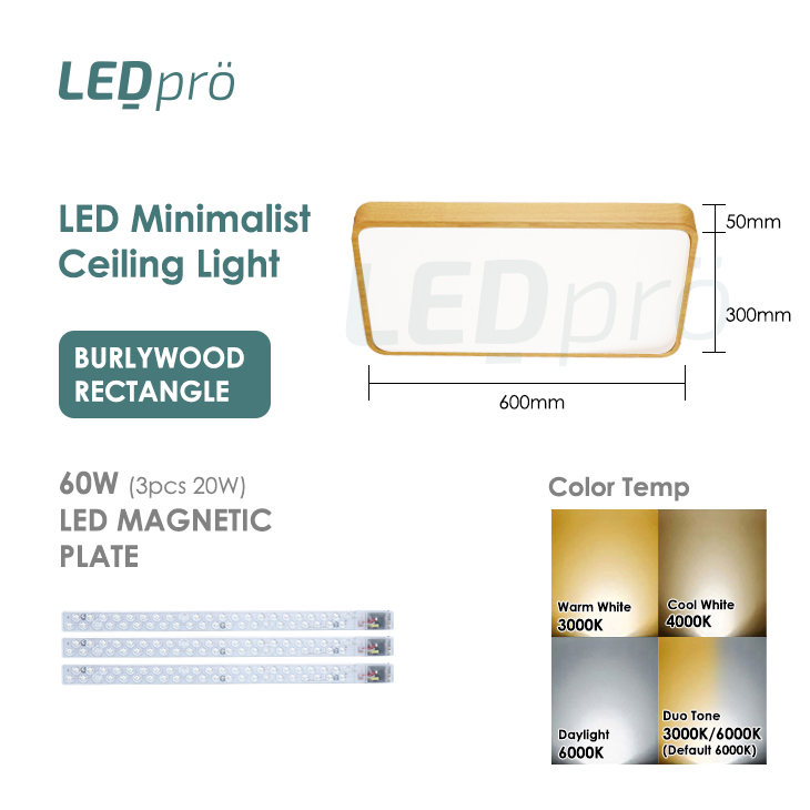 LED PRO LED Ceiling Light 600MM 60W/72W/96W/120W/140WTri-tone Rectangle ...